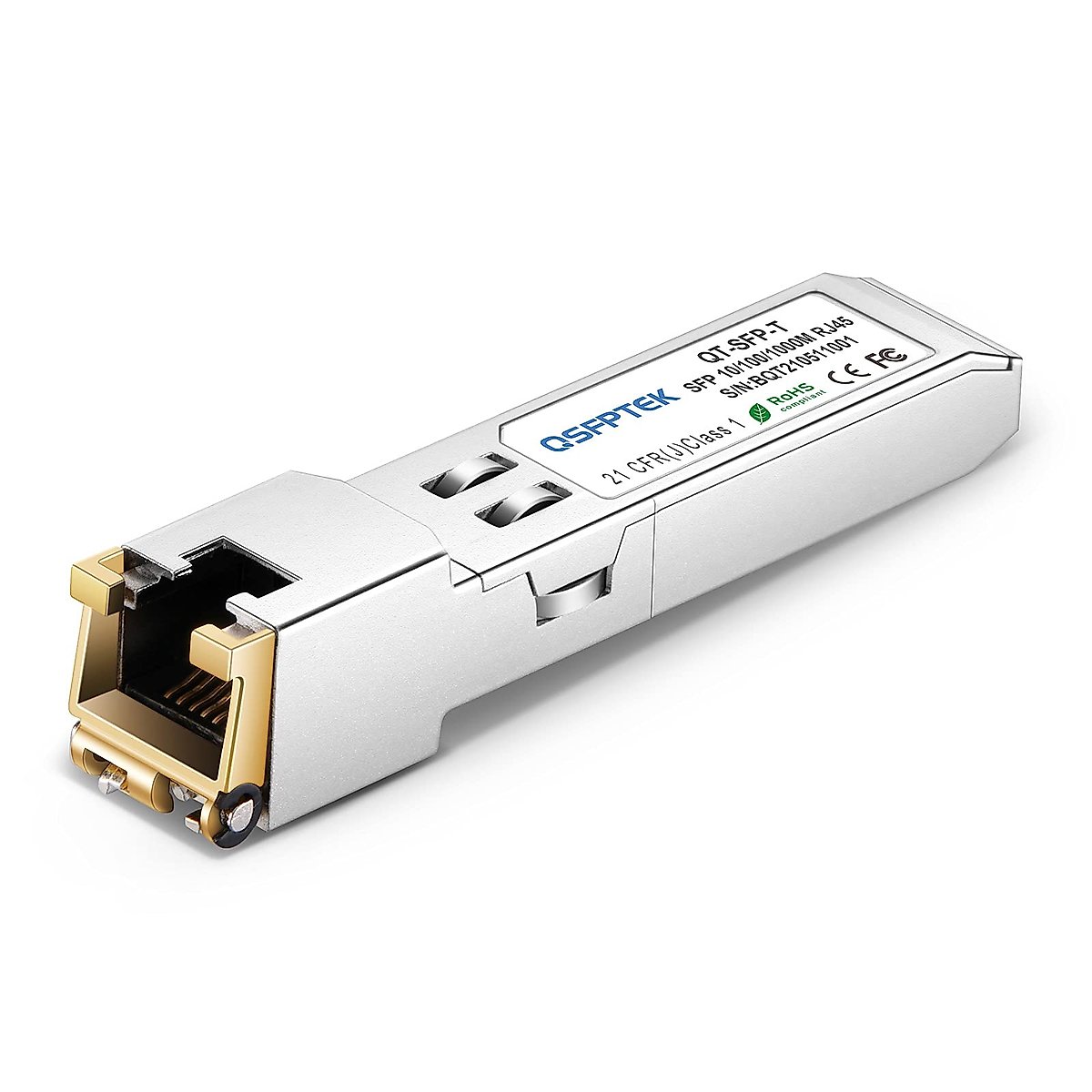 QSFPTEK 1.25G SFP-T Gigabit SFP Copper Ethernet Module, SFP to RJ45, 10/100/1000BASE-T Mini gbic Transceiver for Cisco GLC-T/SFP-GE-T/GLC-TA, Mikrotik SRJ01, Netgear, Supermicro, up to 100m