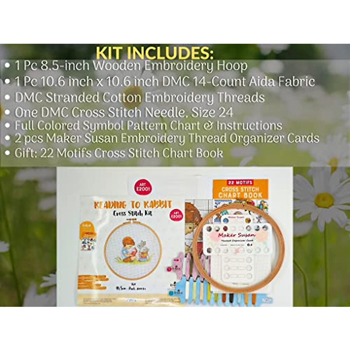 Maker Susan Reading to Rabbit Pattern Counted Cross Stitch Kits for Adults and Beginners with Wooden Hoop, DMC Fabric, Threads and Needles, Embroidery Thread Floss Organizer Cards (E2001)