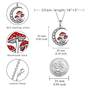 SVODEA Moon Mushroom Necklace for Women,925 Sterling Silver Magical Red Mushroom Pendant Moon Phase Necklaces,Anniversary Birthday Gifts for Women Mom,18''-20''