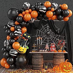 Halloween Balloon Garland Arch Kit, Black Orange Balloon Arch Garland Kit with Foil Cat Pumpkin Balloon and Marble Balloons for Halloween Birthday Anniversary Engagement Graduation Party Decorations
