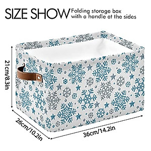 Winter Snowflake Blue Sliver Storage Basket Fabric Laundry Baskets Christmas Bells Xmas Snowman Storage Boxes Organizer Bag for Baby Cloth Dog Toy Book Storage Cubes Shelf Closet Bins 16×12×8 Inches