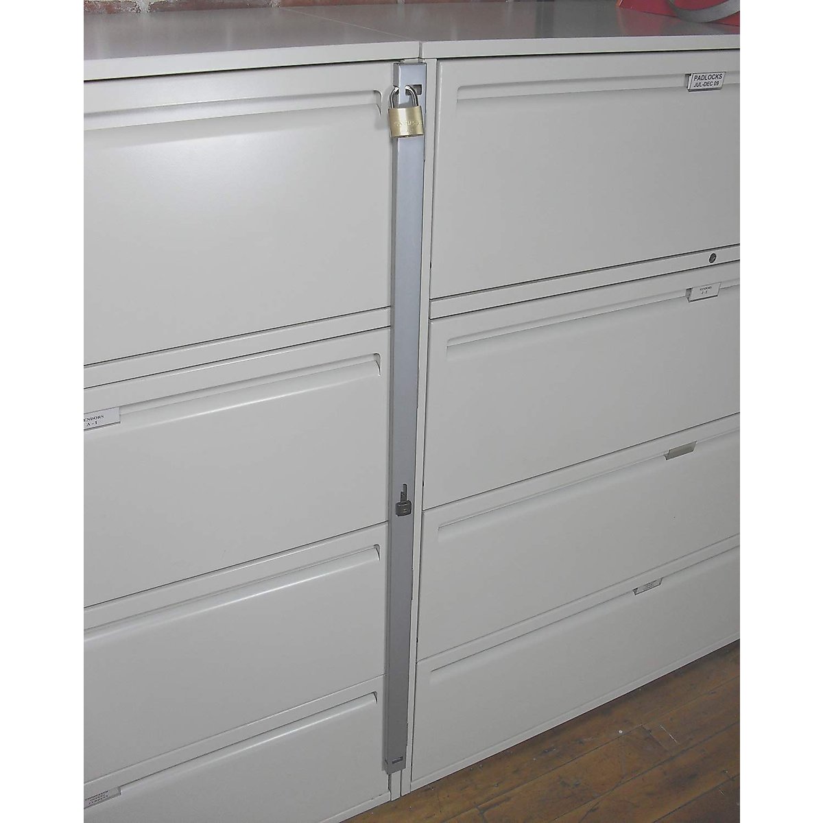 File Cabinet Locking Bar. Fits 5 Drawer File Cabinets. Includes Cobalt Drill Bit. (Gray)