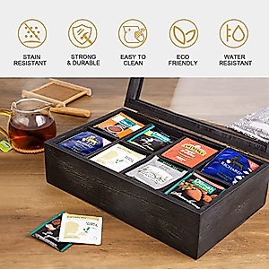 Alsonerbay Wooden Tea Box Tea Bag Holder Kitchen Storage Chest Box for Spice Pouches and Sugar Packets with 8 Compartments and Glass Window Weathered Black