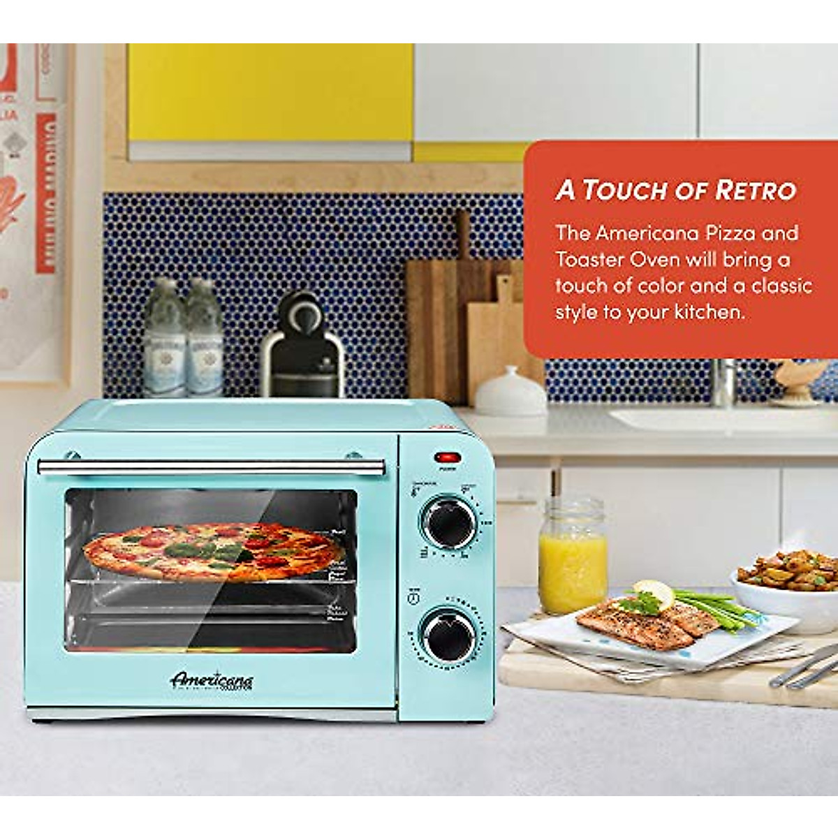 Elite Gourmet Americana ETO1200BL# Vintage Diner 50’s Retro Countertop Toaster Oven, 1300W, Bake, Broil, Toast, with Temperature Control & Adjustable 60-Minute Timer, Fits 9” Pizza, 4 Slice