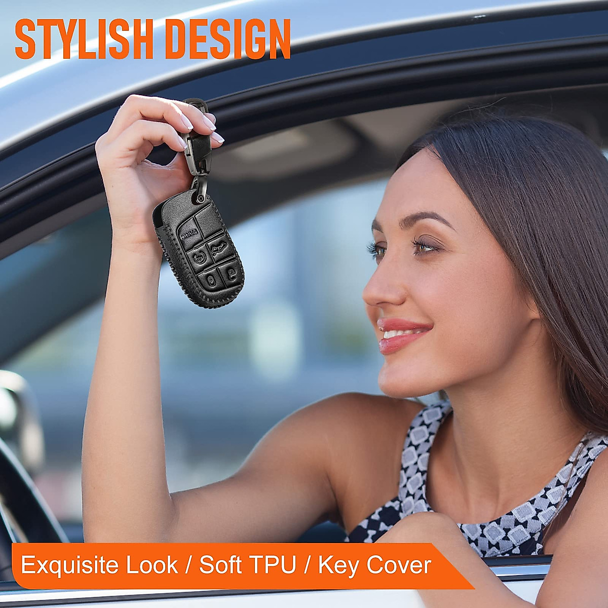 Slohif Leather Key Fob Cover Accessories for Jeep for Grand Cherokee Renegade Chrysler 200 300 Dodge RAM Durango Challenger Journey Dart Fiat 5 Buttons, Leather Case+D-Ring+Hook(Black)