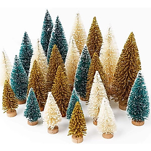 AerWo 24Pcs Mini Christmas Trees Bottle Brush Trees with Wood Base, Christmas Village Trees for Tabletop Christmas Decor Holiday Winter Decorations