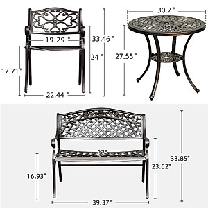 DWVO 4 Piece Outdoor Furniture Cast Aluminum Patio Dining Sets, Patio Dining Set with 2 Chairs, 1 Outdoor Garden Bench, 30 Inches Round Table with Umbrella Hole, for Balcony Backyard Deck Garden