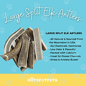 hotspot pets Premium Split Elk Antlers for Dogs - 7+ Inch Large Dog Antler Chews (4 Pack) Naturally Shed Antler Bone for Large Breed Aggressive Chewers - Made in USA - Promotes Dental Hygiene