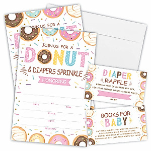 JCVUK Set of 25 Baby Shower Invitations with Envelopes, Diaper Raffle Tickets and Baby Shower Book Request Cards,Colored Donut Theme Babyshower Party For Boys or Girls(YQKTZ-B10)
