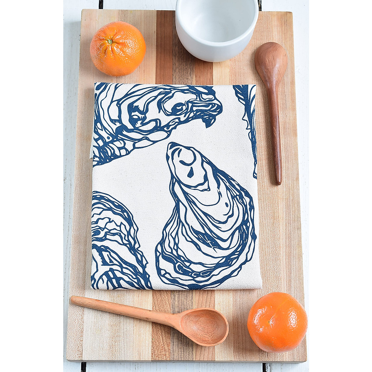 Tea Towel, Oyster Shell, Navy Blue, Nautical, Organic Cotton, Hand Screen Printed, Flour Sack Dish Towel, Sweet Housewarming Gift, Natural
