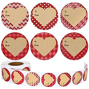 Whaline 600Pcs Valentine's Day Red Heart Tag Stickers Heart Plaid Dot Stripe Pattern Kraft Name Tag Decals to & from Label Self-Adhesive Stickers for Wedding Gift Wrapping Card Envelope Decor 6 Design