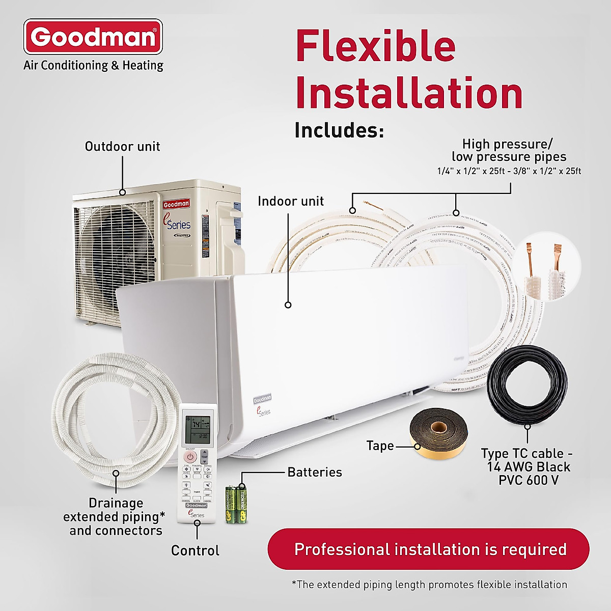 Goodman Mini Split 18,000 BTU 18 SEER2, Inverter Ductless Air Conditioner with Heat Pump System, Energy-Efficient Mini Split Air Conditioner, Installation Kit Included, 230V