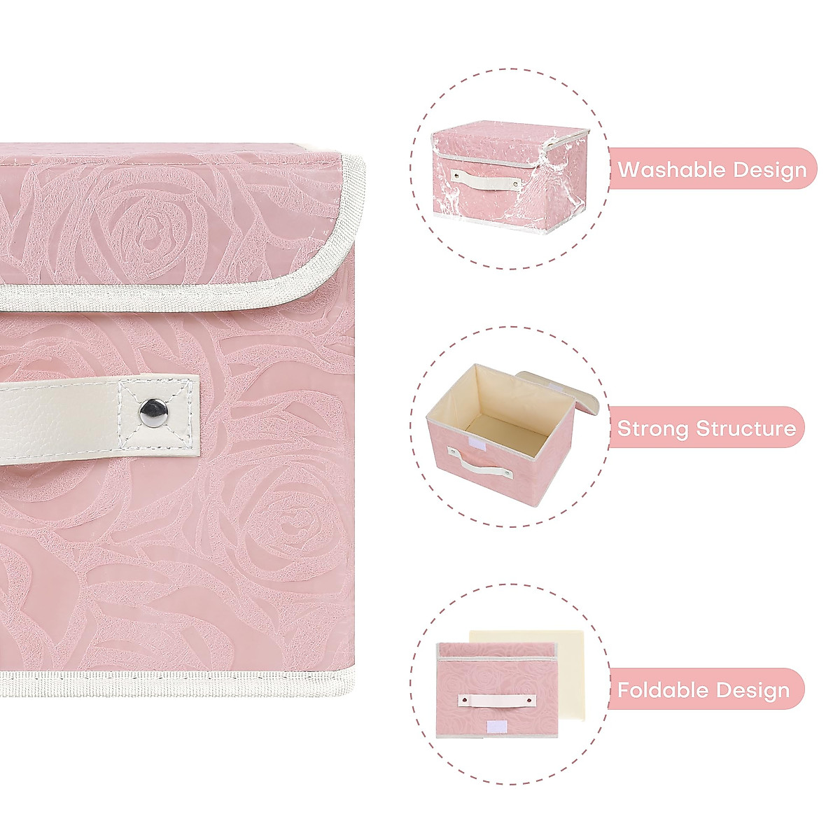 ANMINY Fabric Storage Bin with Lid Rose Print Storage Box Basket with PU Leather Handles Washable PP Plastic Board Decorative Foldable Lidded Shelf Cubes Closet Organizer Container - Pink, Small Size