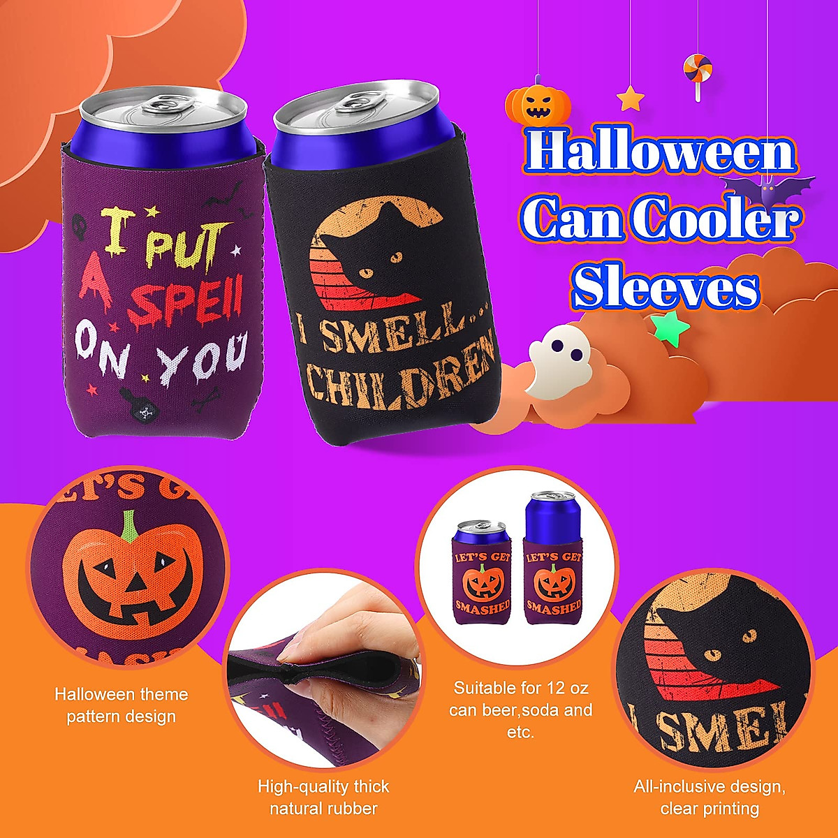 24 Pcs Halloween Can Cooler Sleeves 12 oz Funny Can Sleeves Pumpkin Cat Insulated Beer Can Cooler Skinny Bottle Sleeve for Cold Drinks Gift Halloween Party Supplies
