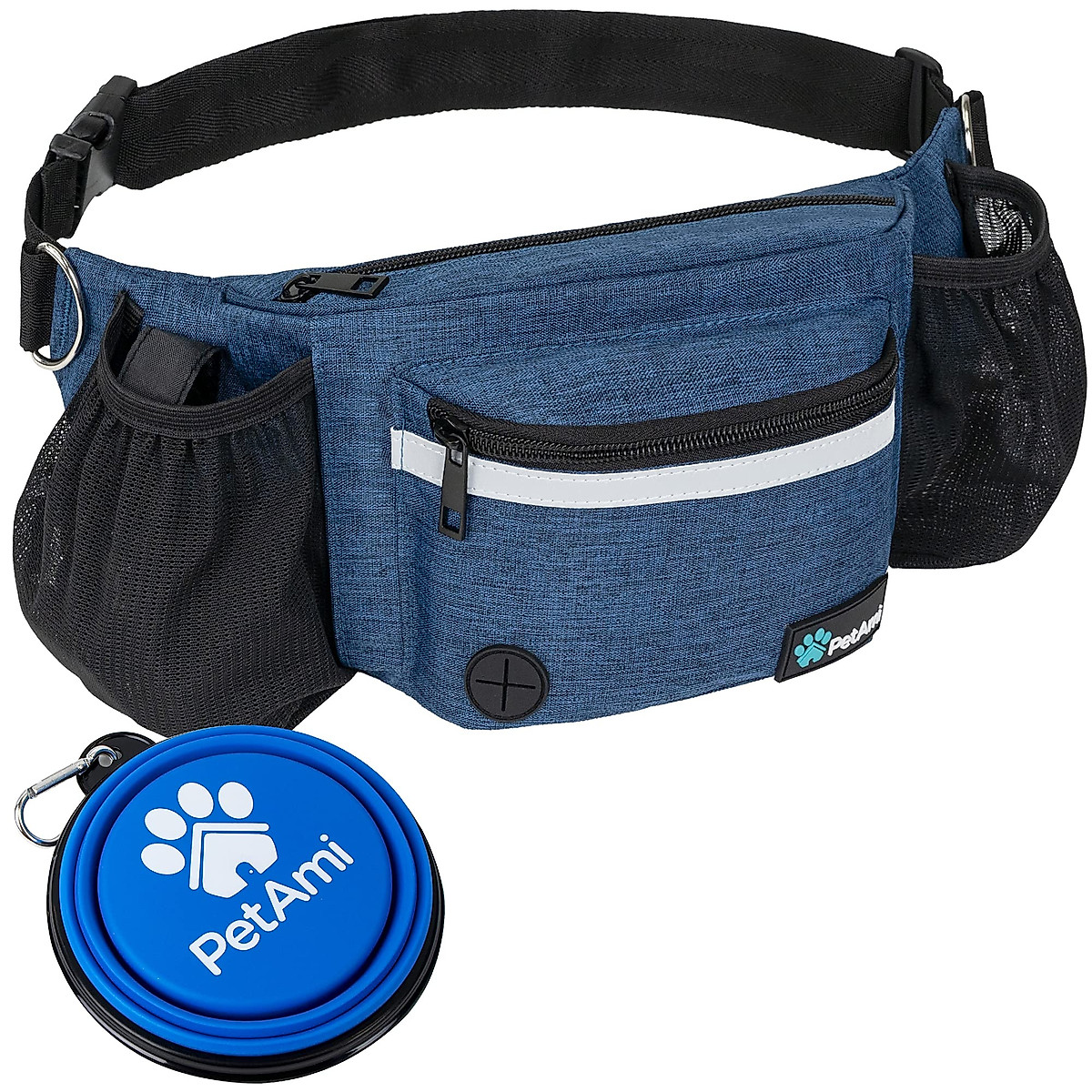 PetAmi Dog Fanny Pack, Treat Pouch for Dog Walking, Training, Built in Poop Bag Dispenser, Water Bottle Holder, Collapsible Bowl, Pet Treat Waist Belt for Hiking, Running, Kibbles (Navy Blue)