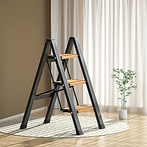 3 Step Ladder Aluminum Lightweight Folding Step Stool for Adults with Anti-Slip Sturdy and Wide Pedal, with 330 Lbs Capacity Multi-Use for Household and Kitchen Portable Stepladder, Black-Wood