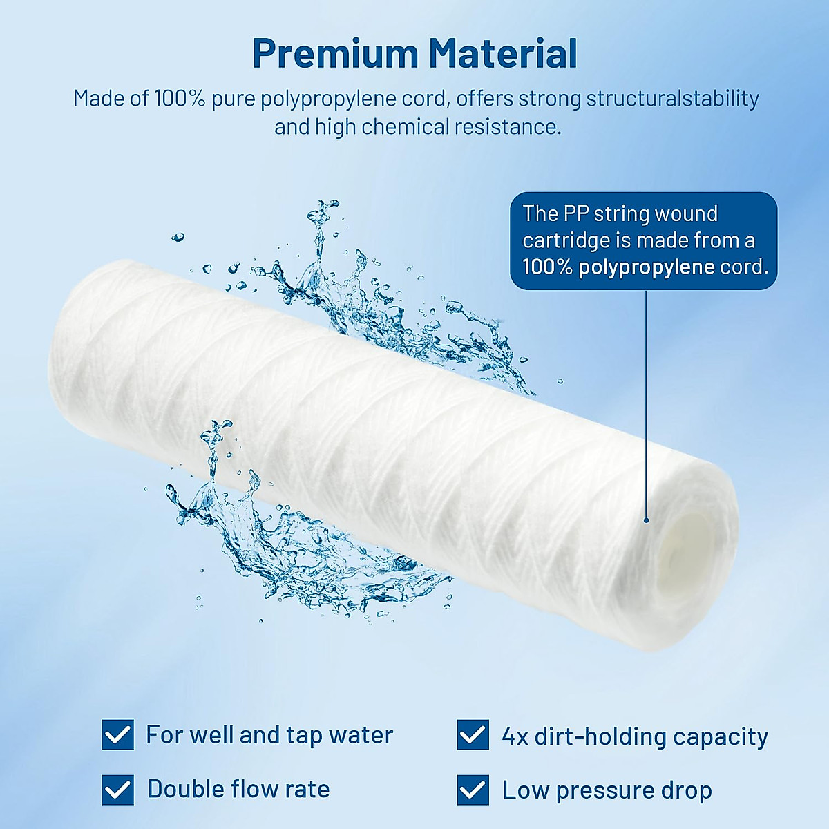 Whole House Water Filter Cartridge Replacement for Well Water, 5 Micron Water Filter 10" x 2.5" String Wound Sediment Water Filter Compatible with AP110, WFPFC4002, CFS110 & 10 inch RO Unit - 6 Pack