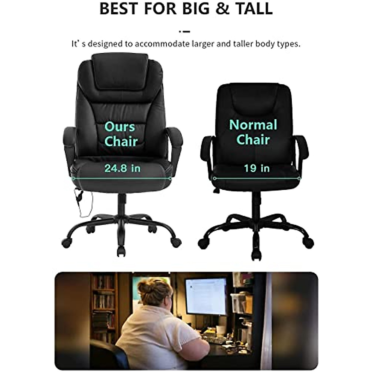 Executive Office Chair -500lbs Big and Tall Office Chair PU Leather Computer Chair with Spring Cushion, Armrest & Lumbar Support Ergonomic Desk Chair for Heavy People Men Swivel Task Chair, Black