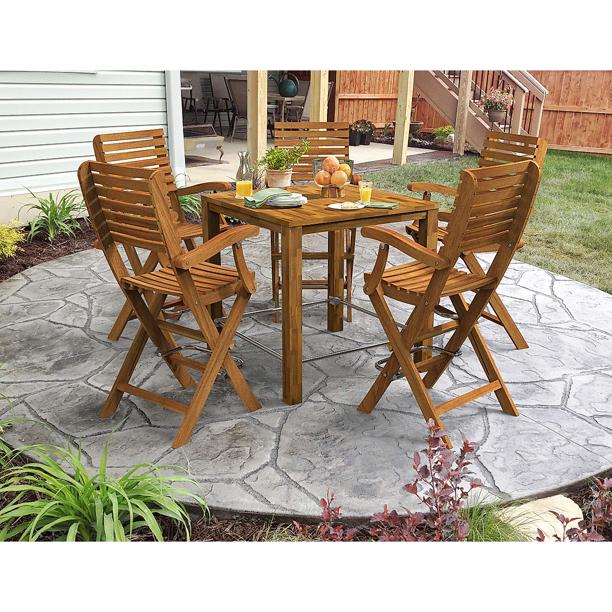 INTERBUILD REAL WOOD Acacia Hardwood Foldable Casino Bar Height Chair with Foot and Arm Rests, 26" Tall, 2 Piece Set - Golden Teak