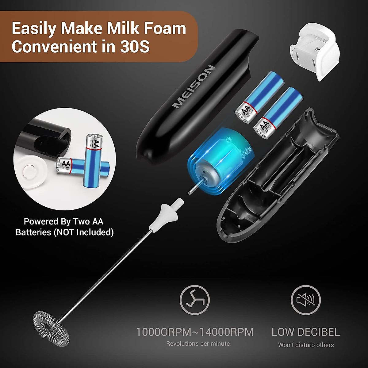 Milk Frother Handheld Foam Maker for Lattes, Whisk Drink Mixer for Coffee, Mini Foamer Blender and Electric Mixer Coffee Frother for Cappuccino, Frappe, Matcha, Hot Chocolate, No Stand - Black