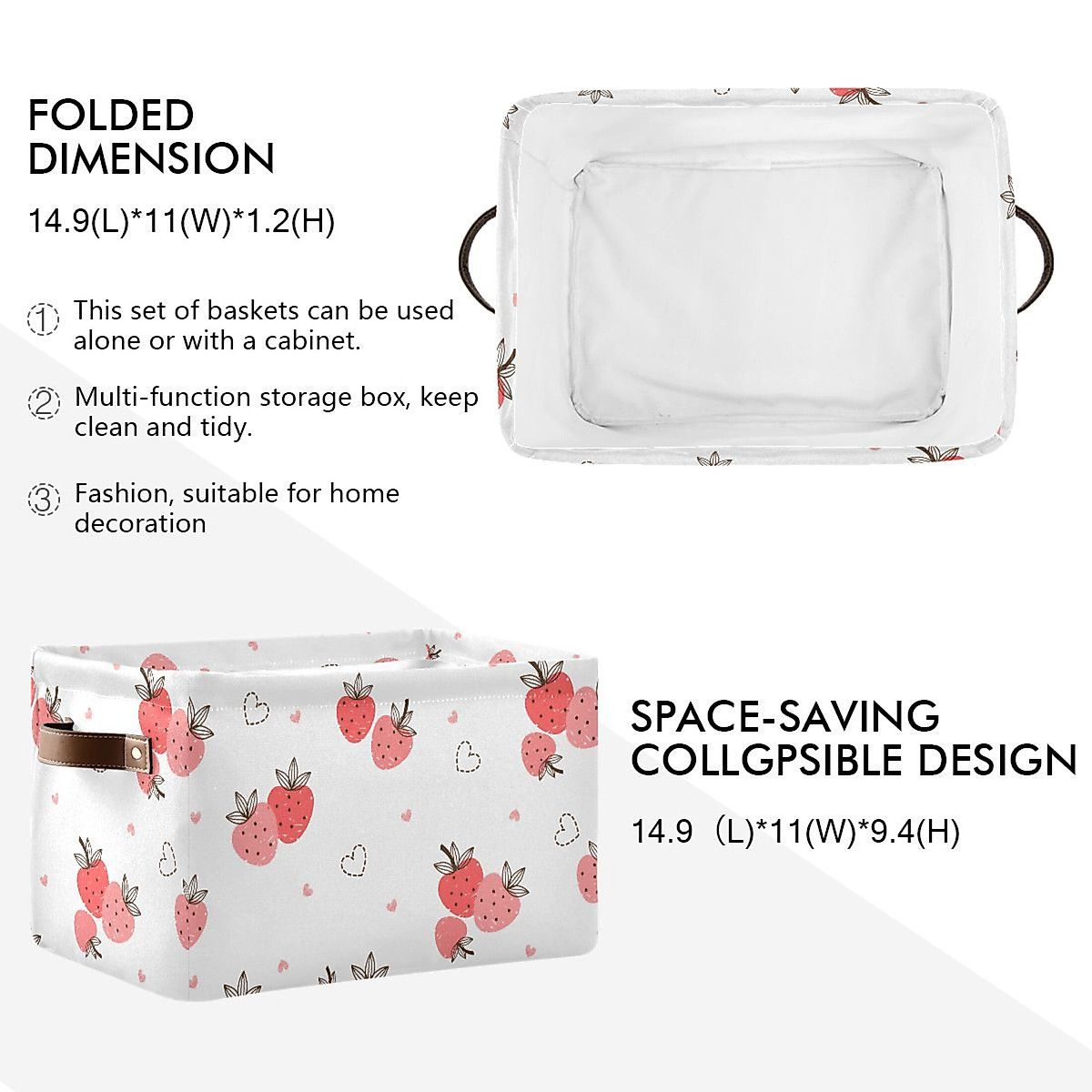 Qilmy Strawberry Pattern Storage Basket with Handles for Organizing, Collapsible Canvas Shelves Storage Bins for Home Closet Bedroom Living Room
