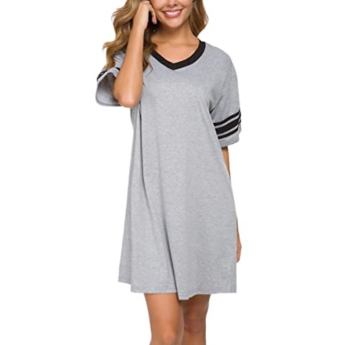 Vslarh Women's Nightgown, Cotton Sleep Shirt V Neck Nightshirts Short Sleeve Loose Comfy Pajamas Dress Casual Sleepwear (Gray, XXL)