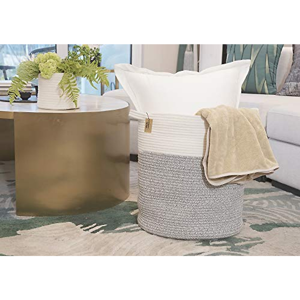 Laundry Basket 2pc by COMFY-HOMI Large Basket 18"X16" Tall Woven Cotton rope Basket with Handles Decorative Basket for Blankets Round Storage Basket for living room,Clothes,Pillows,Towels (White Grey)
