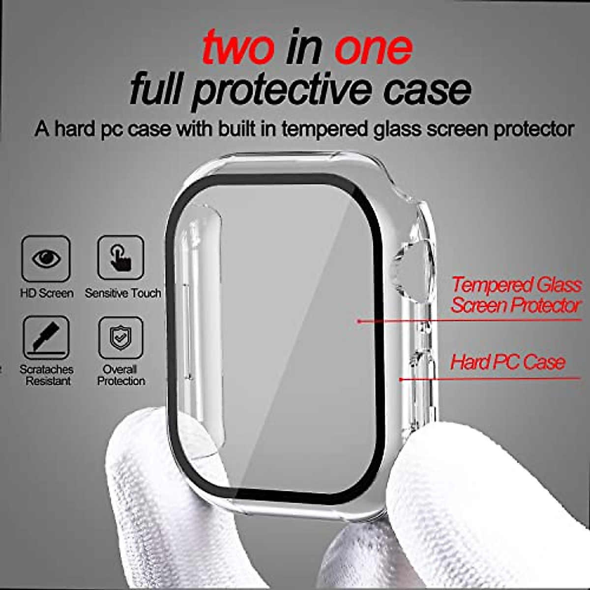 Smiling 2 Pack Case Built in Tempered Glass Screen Protector Compatible with Apple Watch Series 9 (2023)/Series 8 /Series 7 41mm, Hard PC Case Overall Protective Cover- Transparent