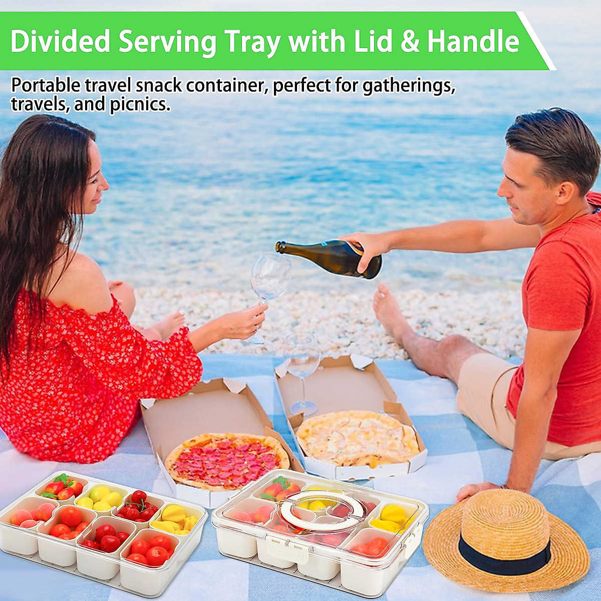 Portable Divided Serving Tray with Lid with Handle, 8 Compartment Snackle Box Container,- For Clear Organizer Fruit, Candy, Nuts,Snacks,Great for parties, beach fun and outdoor camping(8)