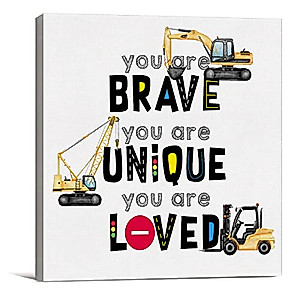 Inspirational Construction Nursery Sign Wall Art Prints Canvas Painting Construction Truck Transportation You are Brave Unique Loved Print Home Boys Bedroom Decor 8" x 8"