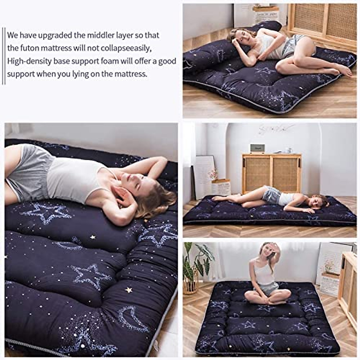 MAXYOYO Black Moon and Star Futon Mattress, Japanese Floor Mattress Folding Tatami Floor Mat Portable Camping Mattress Kids Sleeping Pad Floor Lounger Couch Bed, Thickness：8CM, Full Size