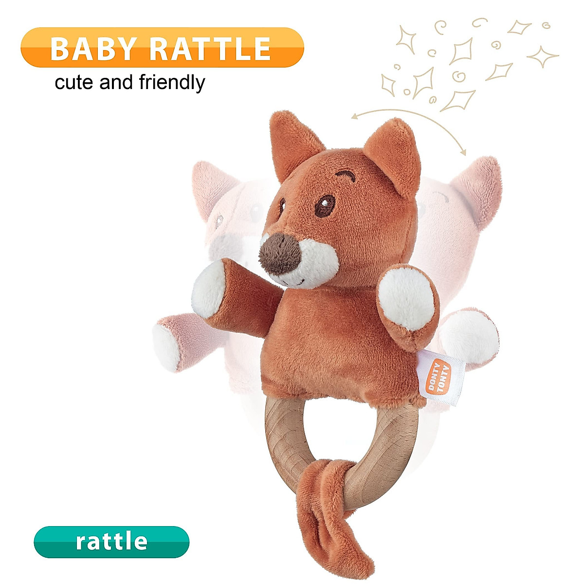 Donty-Tonty Premium Wood Baby Teether Rattle Toy Easter Baby Gift - Animals Soft Plush Shaker Toy with Natural Wooden Teething Ring Toddler, Newborn Boy, Girl, Gifts for 0 3 6 9 12 Months - Red Fox