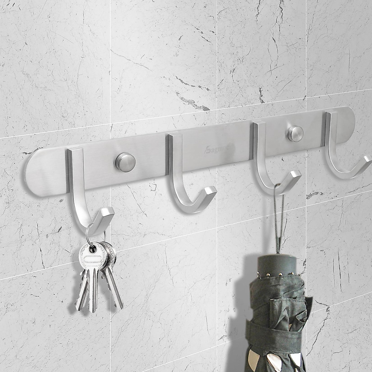 Sagmoc Coat Hook Rack Brushed Nickel 10.6-Inch Coat&Towel Hook Rail Wall Mounted with 4 Hooks, Durable Wall Hangers for Bedroom, Bathroom, Foyer, Hallway (SUS304 Stainless Steel)