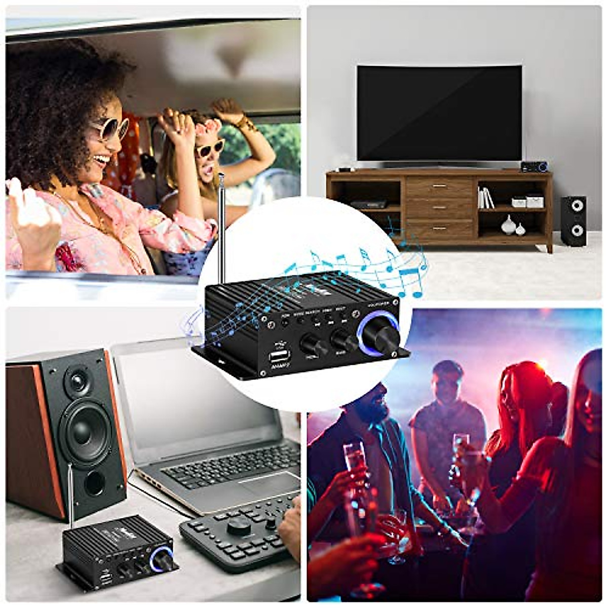 Moukey Mini amplifier home audio Bluetooth 5.0 for speakers- 50W 2 Channel Power Audio Receiver FM USB, AUX, with Remote Control, Power Supply for Car Home use, Tablets, Phones, Computers - MAMP2