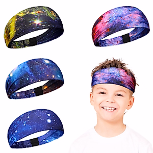 4 Pack Boys Breathable Kids Athletic Sweatbands Sports Headbands for Boys Non Slip Hair Band Elastic Hairband for Girls Workout Yoga Gym Running Exercise (Galaxy)