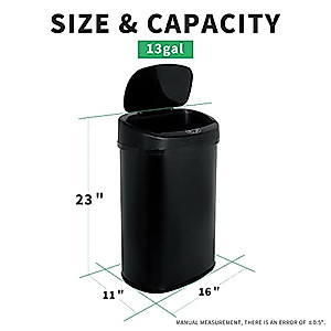 HCY Trash Can, 13 Gallon Automatic Waste Bin Mute Metal Garbage Can with Lid Stainless Steel 50 Liter for Kitchen, Office, Bedroom, Bathroom, Living Room (Black)