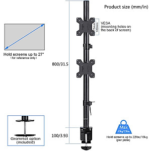 suptek Dual LED LCD Monitor Stand up Desk Mount for 2 / Two Screens up to 27 inch Extra Tall 31.5" Pole Heavy Duty Fully Adjustable Stand Vertical Array (MD6802)