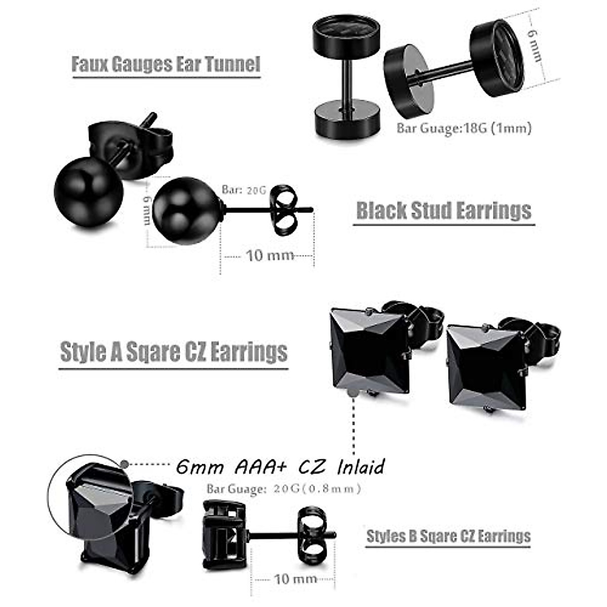 FIBO STEEL 10 Pairs Stainless Steel Black Stud Earrings for Men Women Huggie Earring Ear Piercing Set Hoop