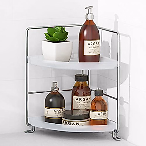 NLBTW 2 Tier Corner Bathroom Shelf Vanity Organizer,Bathroom Organizer Countertop and Storage Cabinet for Makeup Skin Care Perfume Organizer Tray or Kitchen Spice Rack (Silver & Translucent)