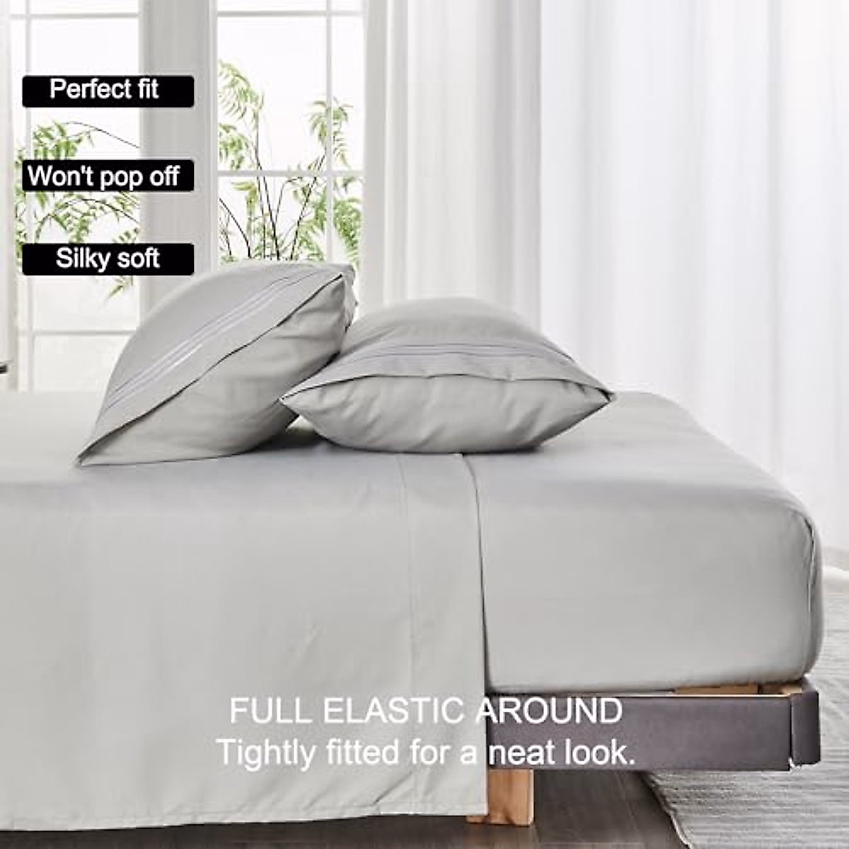 WODFAMY Microfiber Full Size Bed Sheet Set Extra Soft Deep Pockets Luxury Hotel Bed Sheets Breathable & Cooling Wrinkle Free 4 Piece Set Fulls Sheets Light Grey&Gold