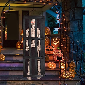 Halloween Animatronics Skeleton Decor Props,64 Inches Halloween Interactive Hanging Caged Skeleton with Lights Sounds and Vibration, Skeleton Decorations Outdoor Tree Lawn Garden Backyard