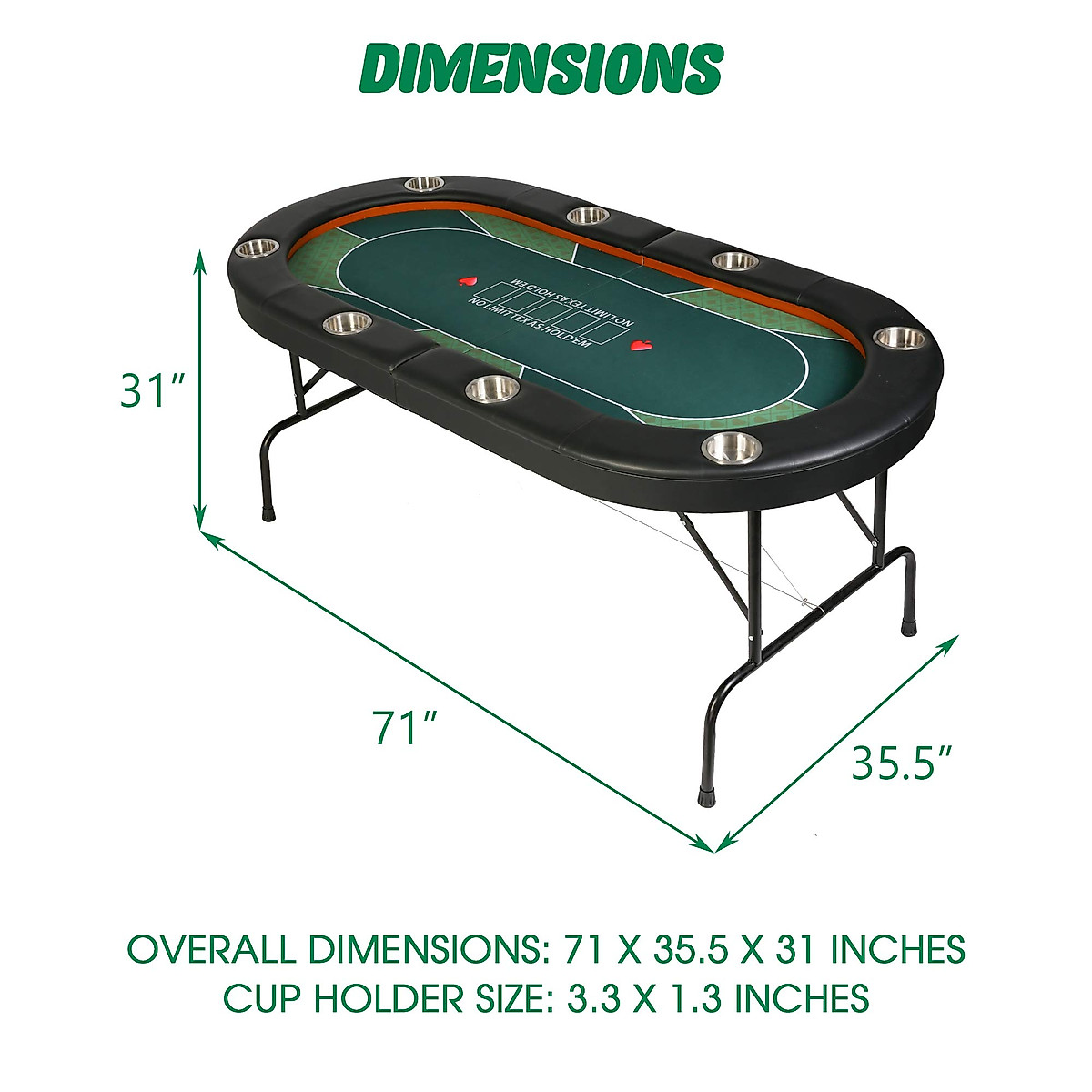 Vilobos Poker Table Foldable, 8 Players Texas Holdem Poker Table, Casino Folding Table for Blackjack Board Game -Green