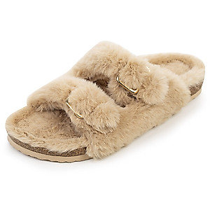 FITORY Womens Open Toe Slipper with Cozy Lining,Faux Rabbit Fur Cork Slide Sandals Size 8