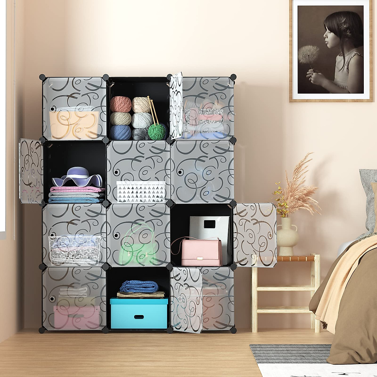 Anenz Cube Storage Organizer,12-Cube Closet Organizer with Doors Plastic Shelving Modular Cubby Shelves Shelf,14 ”x14 Black Storage Cubes Bookshelf