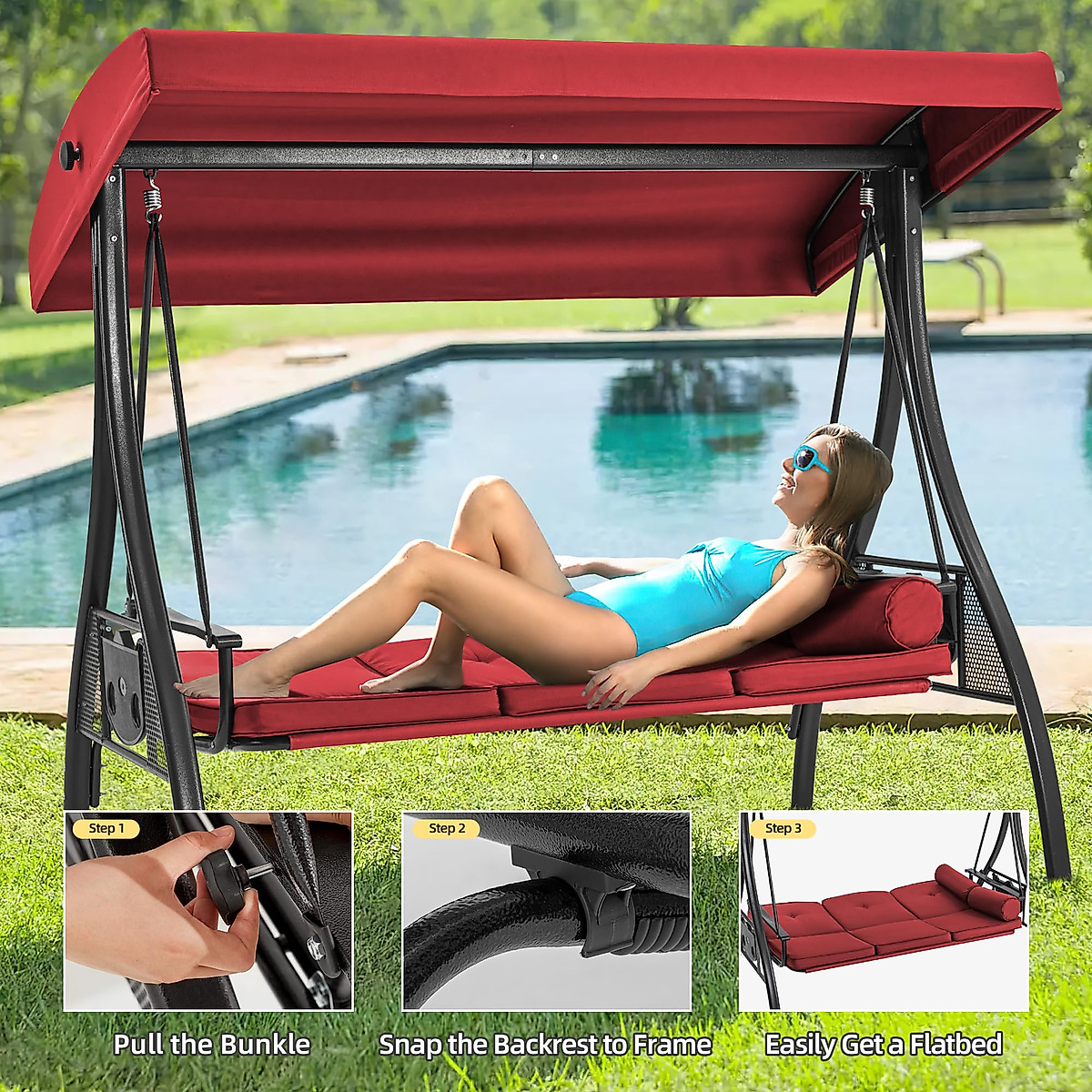 HOMREST 3 Seat Outdoor Porch Swing,Adjustable Canopy Porch Swings,Outdoor Swing with Stand, Patio Glider Chair with Thicken Cushions,Pillow & Cup Holder(Wine Red)