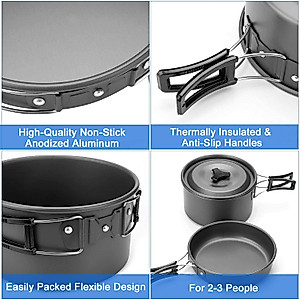 Odoland Bundle – 2 Items 10pcs Camping Cookware Mess Kit and 8 Pcs Camping Cookware Utensils Travel Set for Backpacking, Outdoor Camping