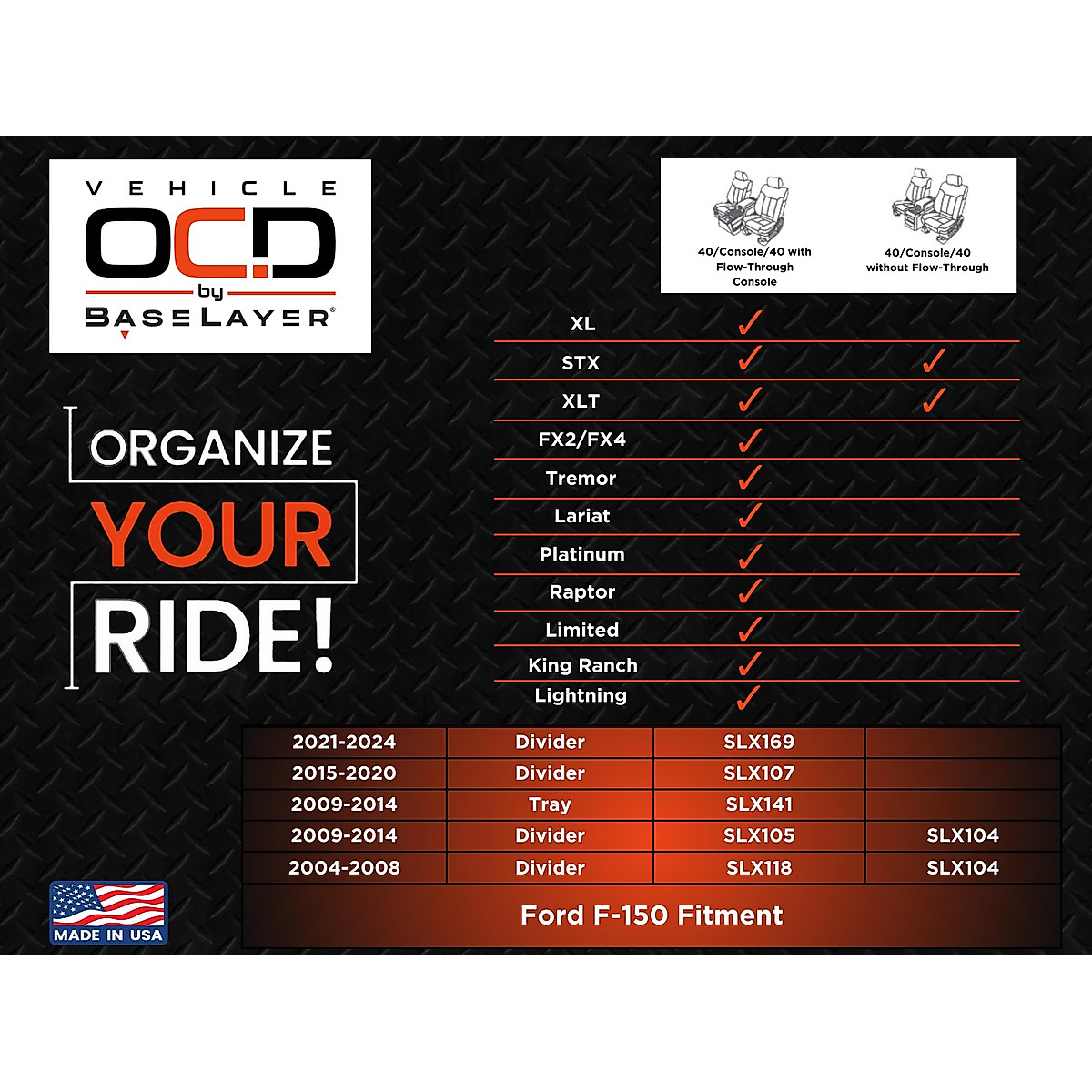 Vehicle OCD - Center Console Organizer for Ford F150 (2009-2014) (Floor Shift w/Bucket Seat Only)(Without USB, RCA, 12V in Front of Console) - Made in USA