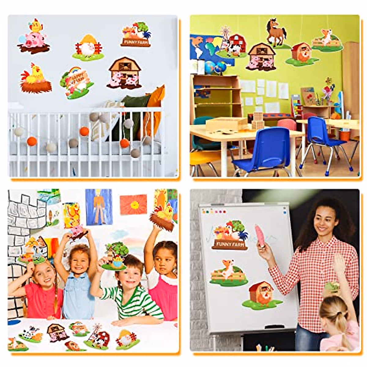 MWOOT 45 Pcs Farm Animals Cutout Double Sided Printing Cardboard Cutting,Paper Cut Bulletin Board Set with Glue Point Dots,Creative Cardstock for Kid Classroom Barnyard Party decor (15 Styles,15x15cm)