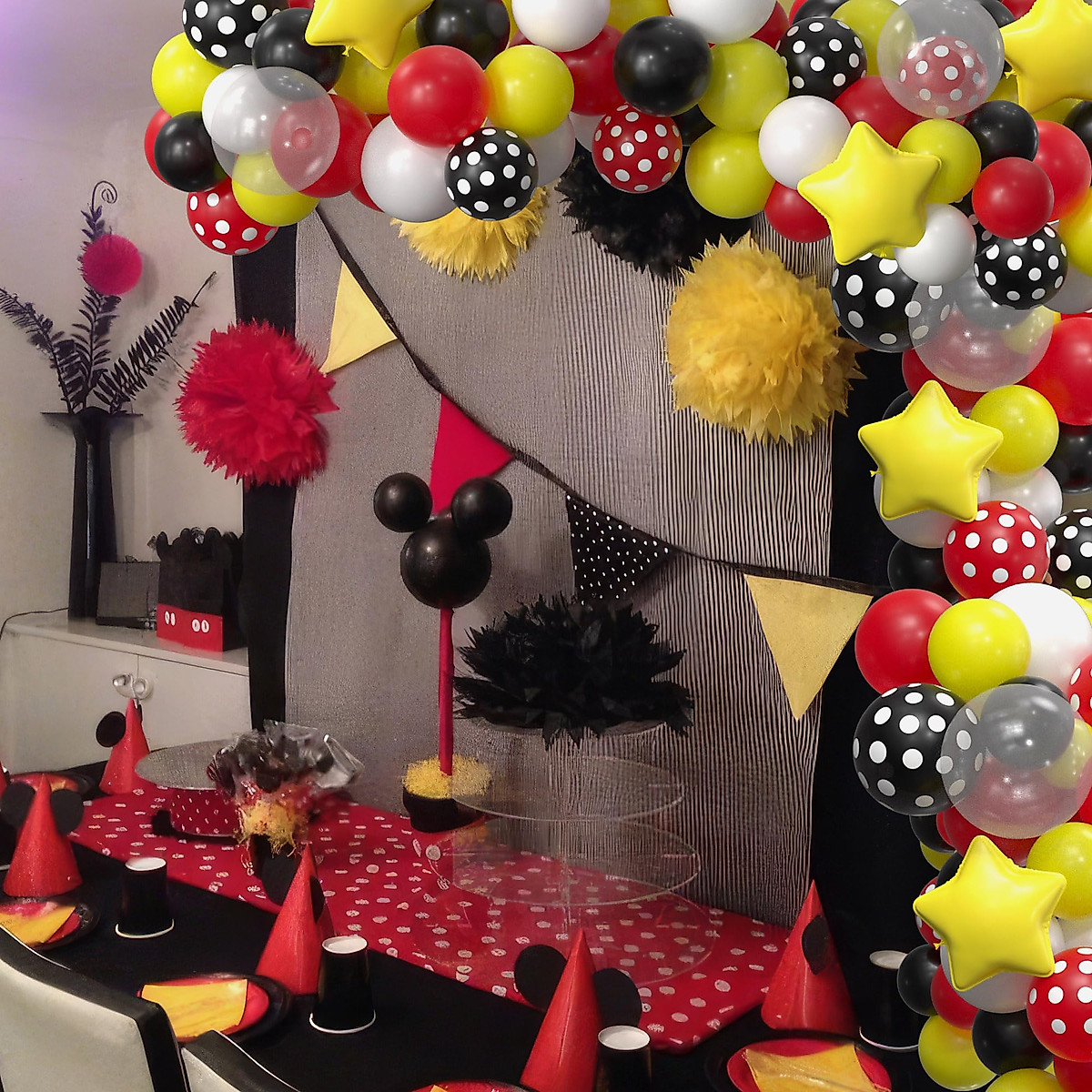 HYOWCHI Mickey Birthday Party Supplies - 132 Pcs Mickey Theme Birthday Baby Shower Party Balloon Garland Arch Kit, Red Yellow Black White Latex Balloon Arch For Mickey Theme Party Decorations