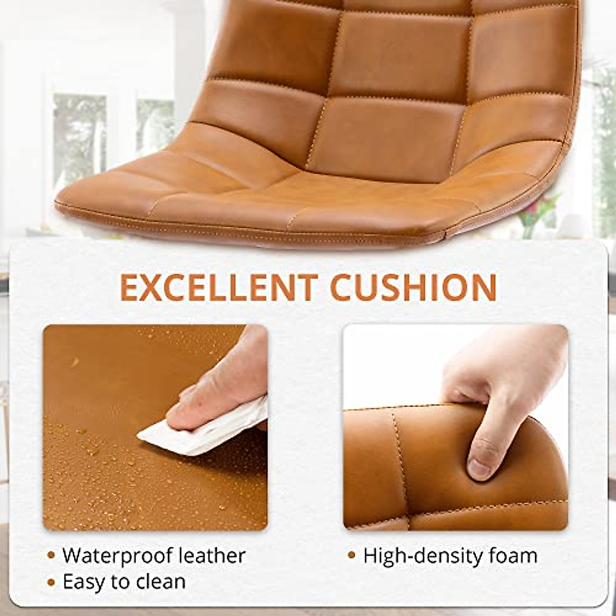 LUE BONA Counter Height Bar Stools, Indoor/Outdoor Mid Century Modern Upholstered Checkered Pattern Leather Dining Chair with Metal Legs, 24" Bar Stools Set of 4, for Kitchen Island, Whiskey Brown